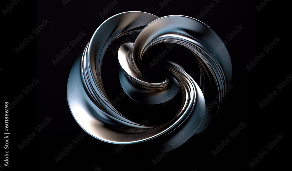 Abstract futuristic metal aluminum spiral twisted object on black ...
