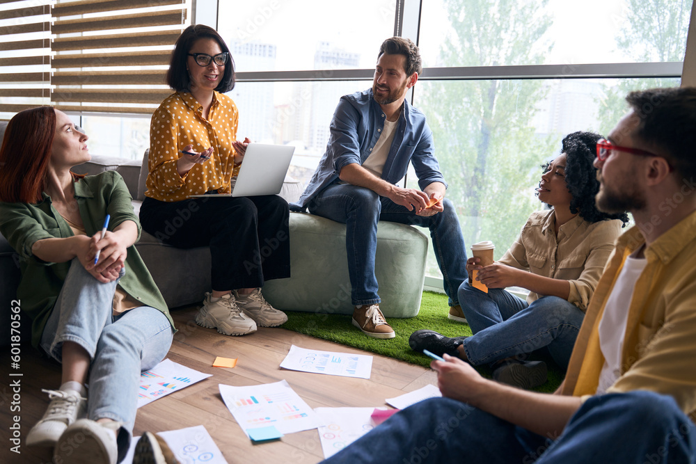 Poster Group of smiling multiracial business people, colleagues talking ...