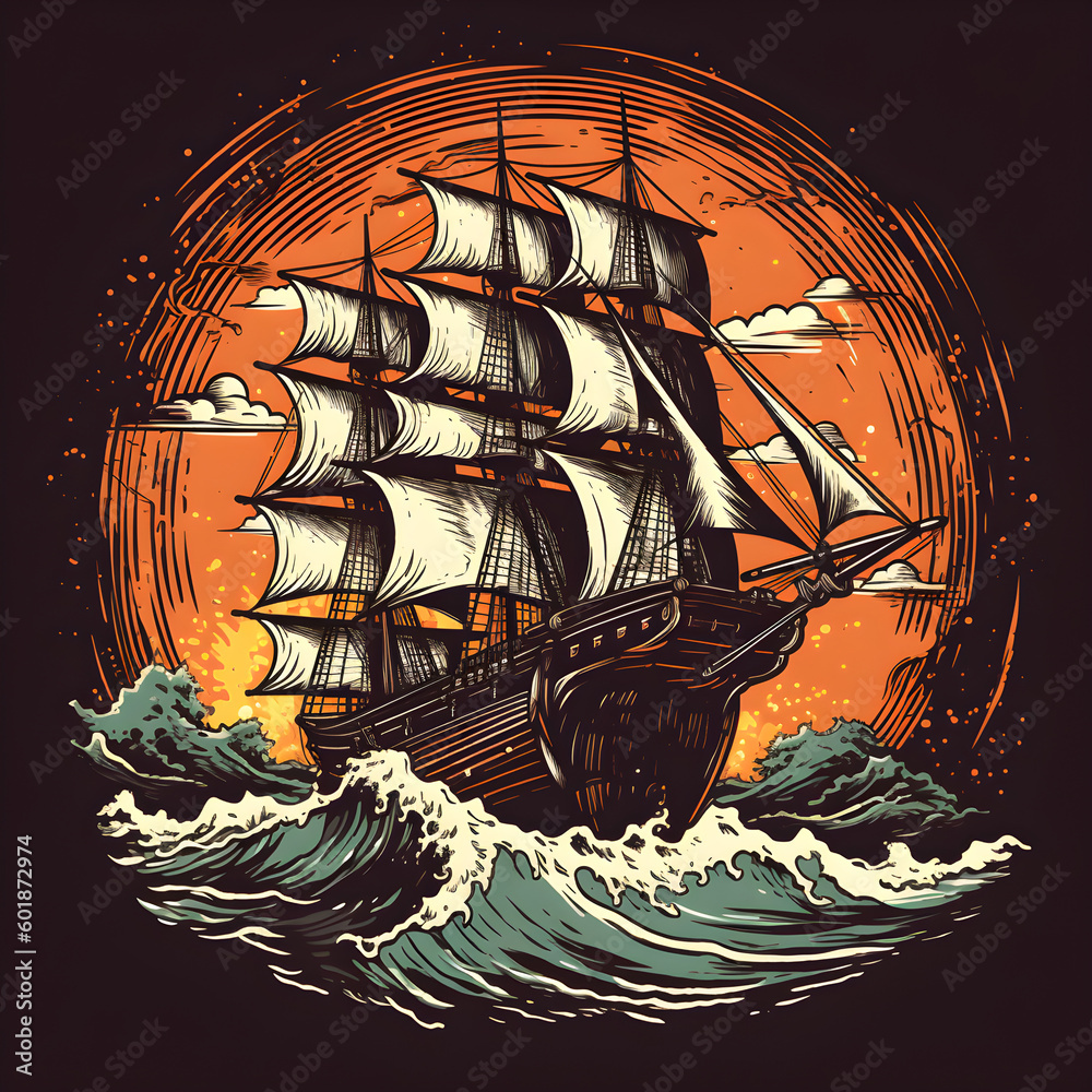 Pirate ship on sea.cannons goes to the island. Corvette or frigate with ...