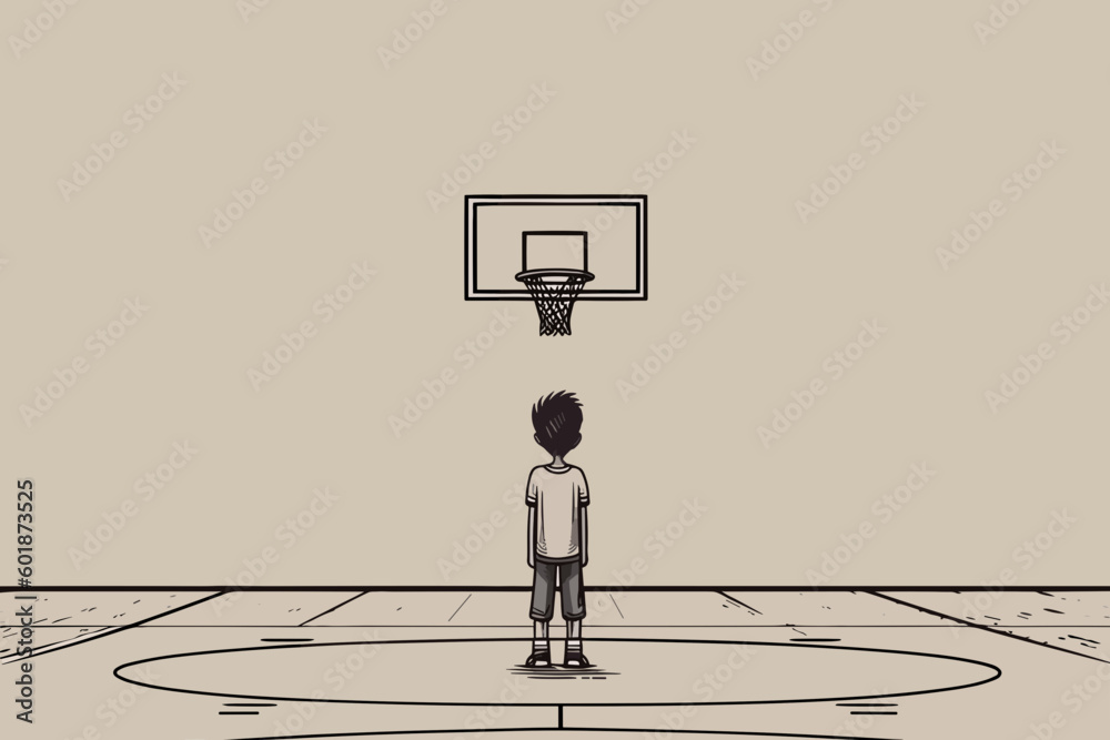 Doodle inspired Boy at basketball court, cartoon sticker, sketch ...