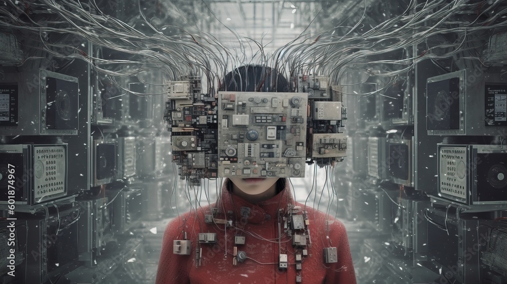 Woman head covered in electronic devices. Machine aesthetics. Cyberpunk ...