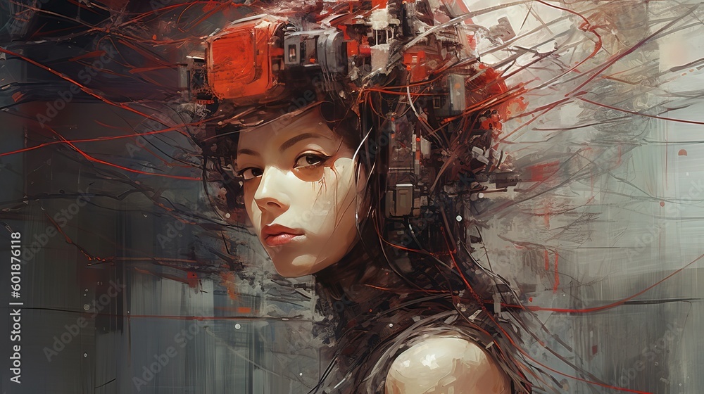 Woman head covered in electronic devices. Machine aesthetics. Cyberpunk ...