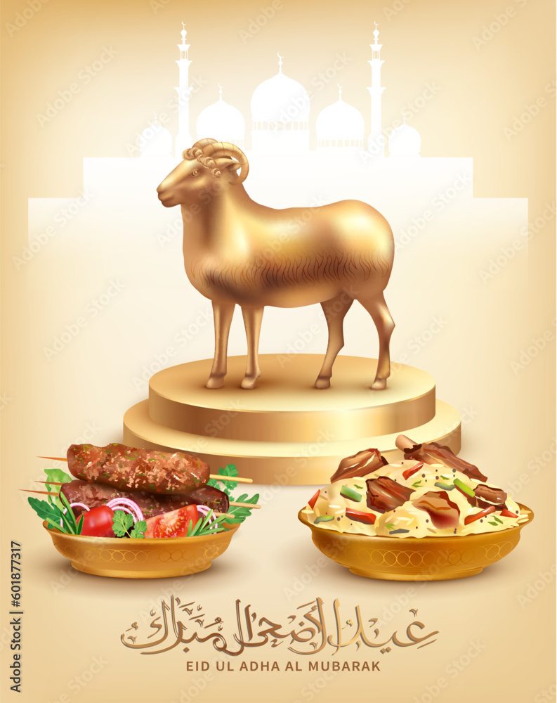 Eid Al Adha (Bakrid) greeting background with traditional Arabic dishes ...