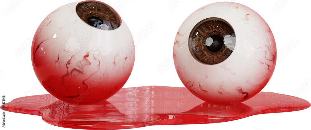 Realistic human eyes in a pool of blood. Eyeballs with a brown iris. 3D ...
