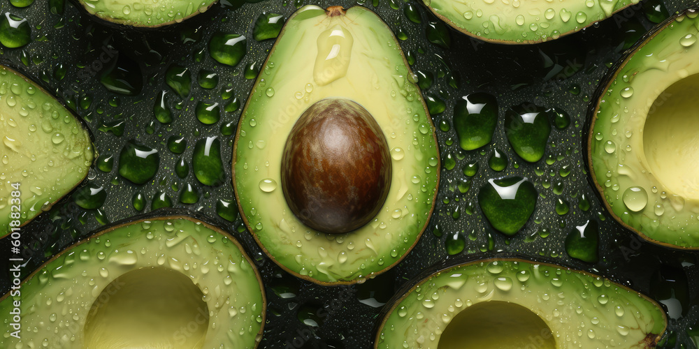 A ripe avocado, cut in half, on a dark table background. Delicious ...