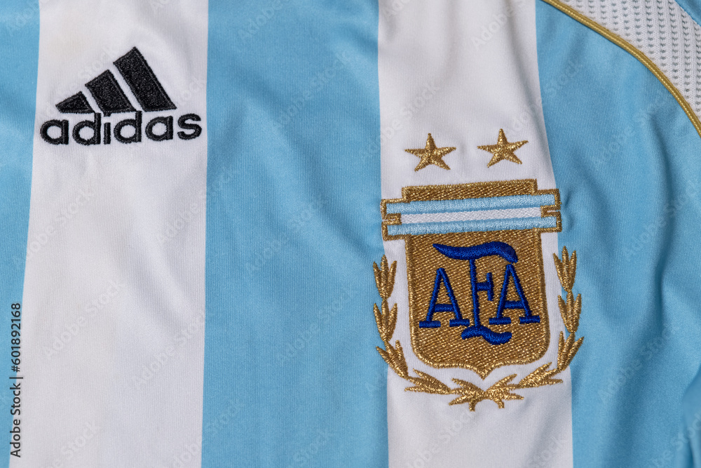 AFA SHIELD ON THE FRONT OF THE ARGENTINE SOCCER TEAM SHIRT. PHOTOGRAPH ...