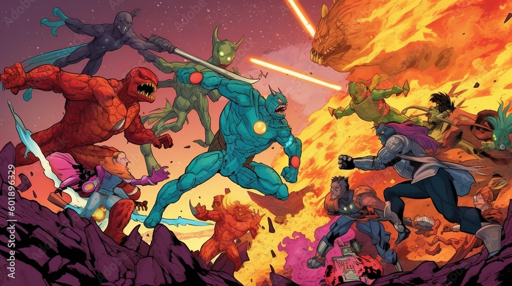 A comic-style illustration of a team of superheroes battling an alien ...