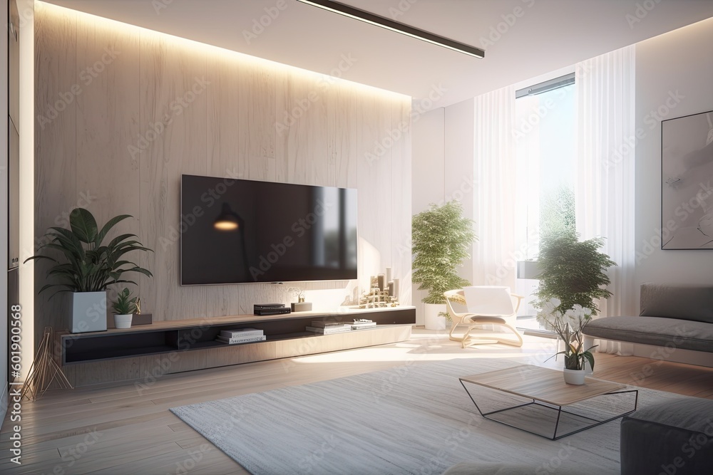 White walls, a wooden floor, a glass wardrobe, and a flat screen TV ...