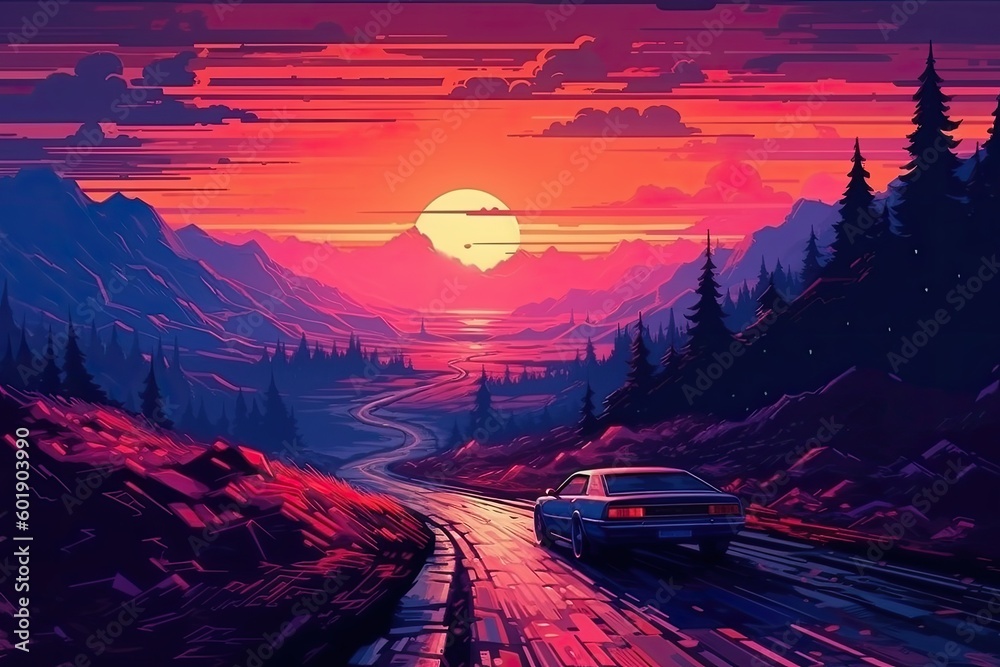 AI generated 16-bit digital artwork of a car driving away down a ...