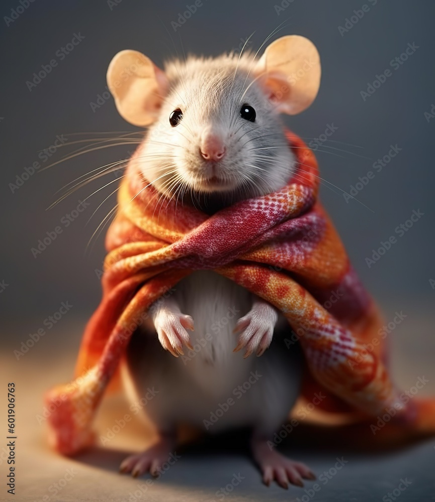 cute mouse animal with scarf in a grey background, portrait created by ...