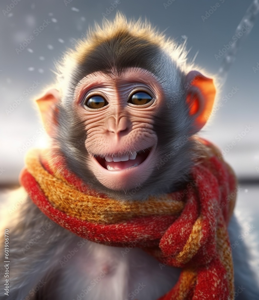 cute smiling monkey with scarf in a grey background, portrait created ...