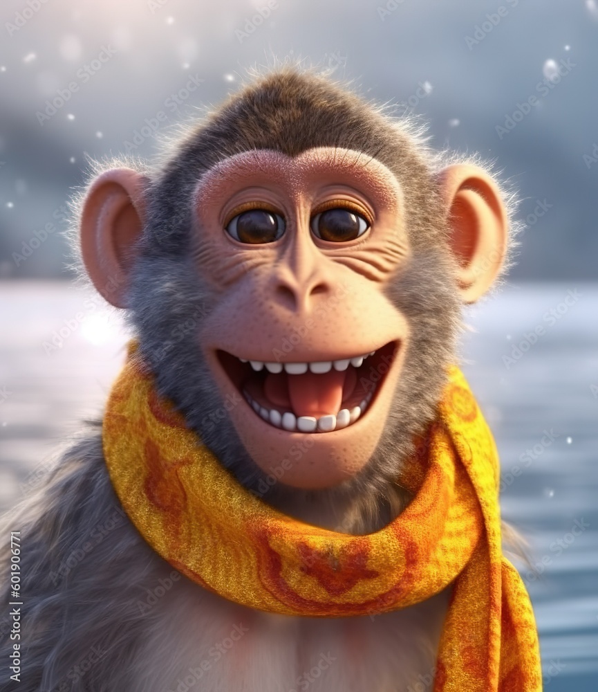cute smiling monkey with scarf in a grey background, portrait created ...