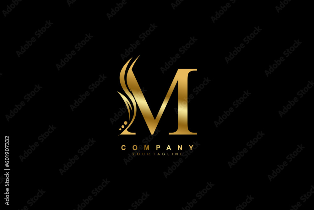 Luxury gold M logo design with feather. premium M letter monogram logo ...