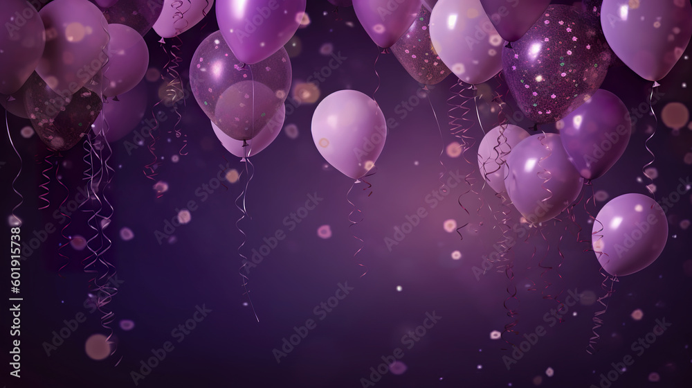 Purple balloons on a purple background with lights. Soft and shiny ...