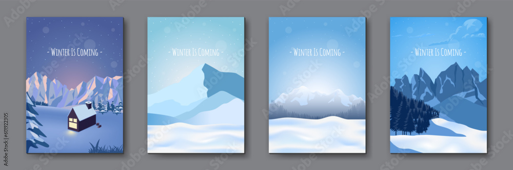 Flat winter landscape vector illustration with snowy background. Heaps ...