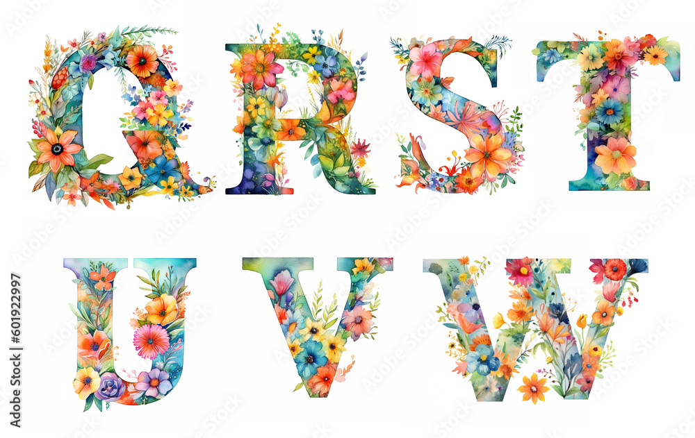 Set of watercolor cute summer letters with colorful wildflowers on a ...