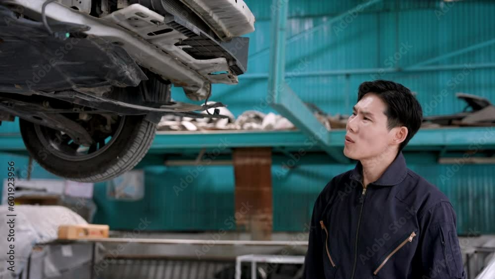 Asian male mechanic standing and inspecting the car elevated See the ...