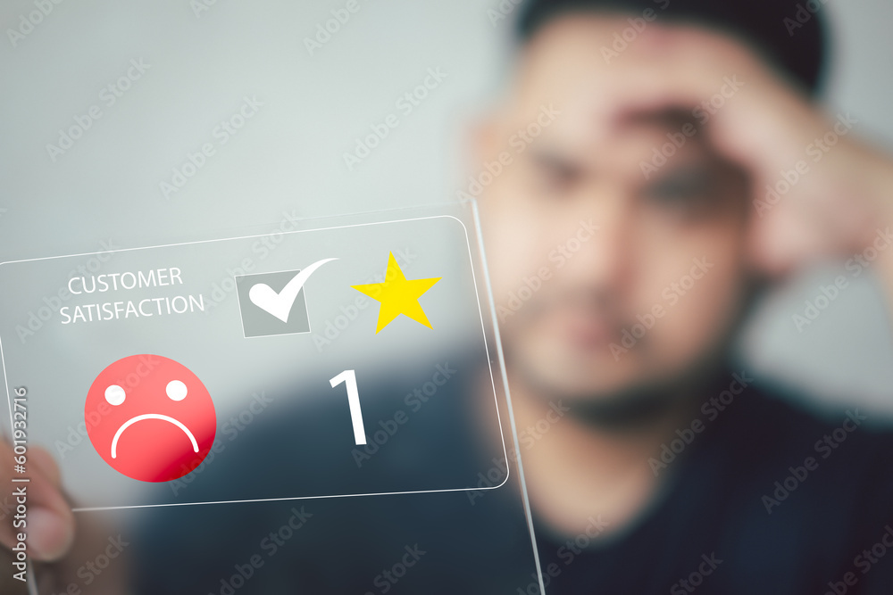 Unhappy man customer with sad emotional face review and service dislike ...