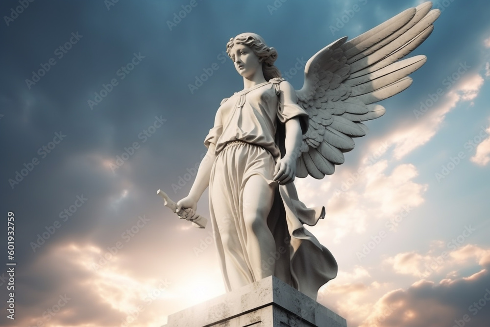 Culture and religion concept. Angel ancient statue in cloudy sky ...