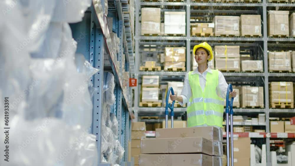 Portrait of employee female warehouse professional worker in uniform ...