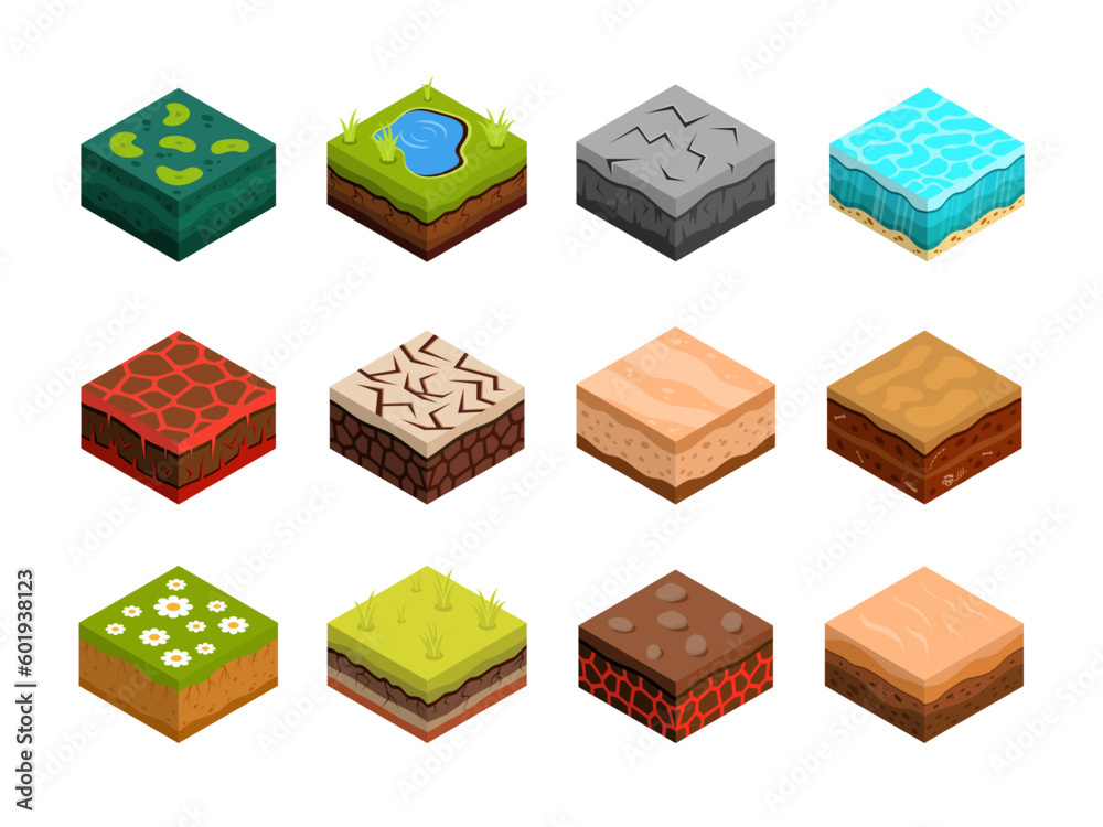 3D isometric ground. Soil surface. Grass lawn. Dirt and lava. Game ...