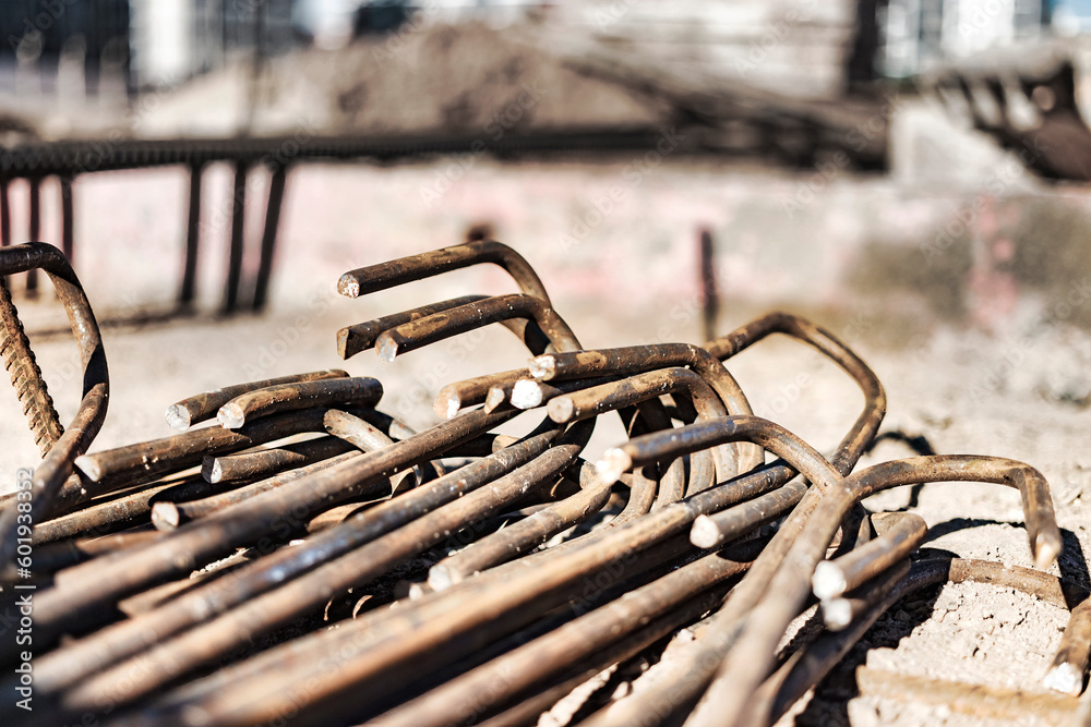 Embedded parts for the foundation at the construction site. Close-up ...