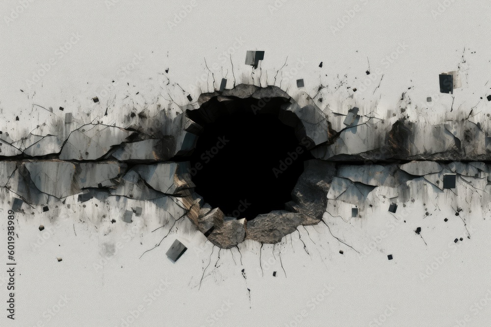 A large, jagged hole in a concrete wall, with chunks of concrete ...