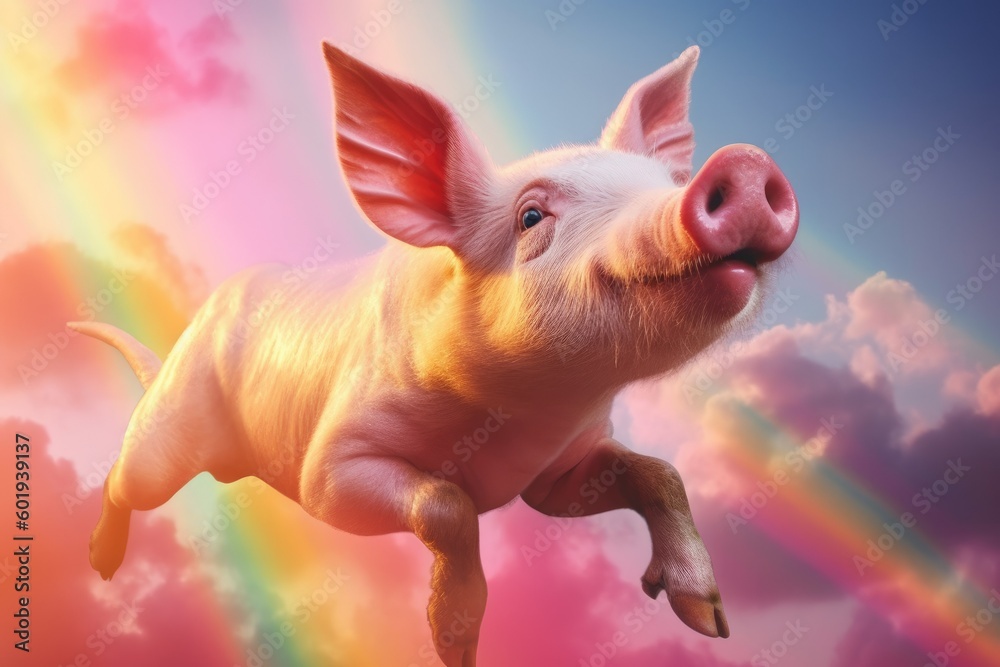 Pig flying in the sky with a rainbow in the background. The pig has a colorful mane and is ...