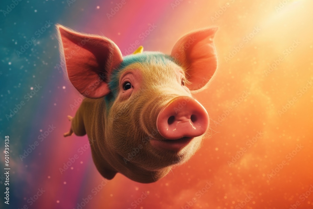 A pig flying in the air with a rainbow in the background. The pig has a ...