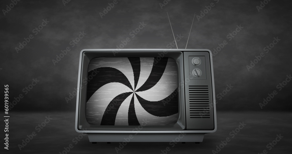 Retro television set with black and white stripes on screen on grey ...