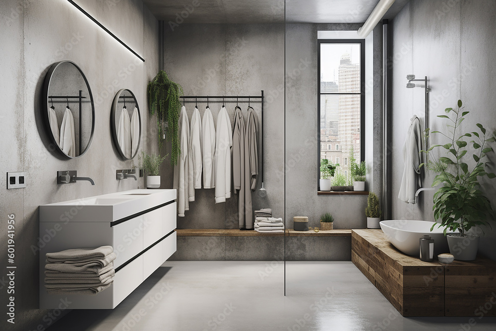 Modern bathroom, polished concrete wall, floor, white marble vanity ...