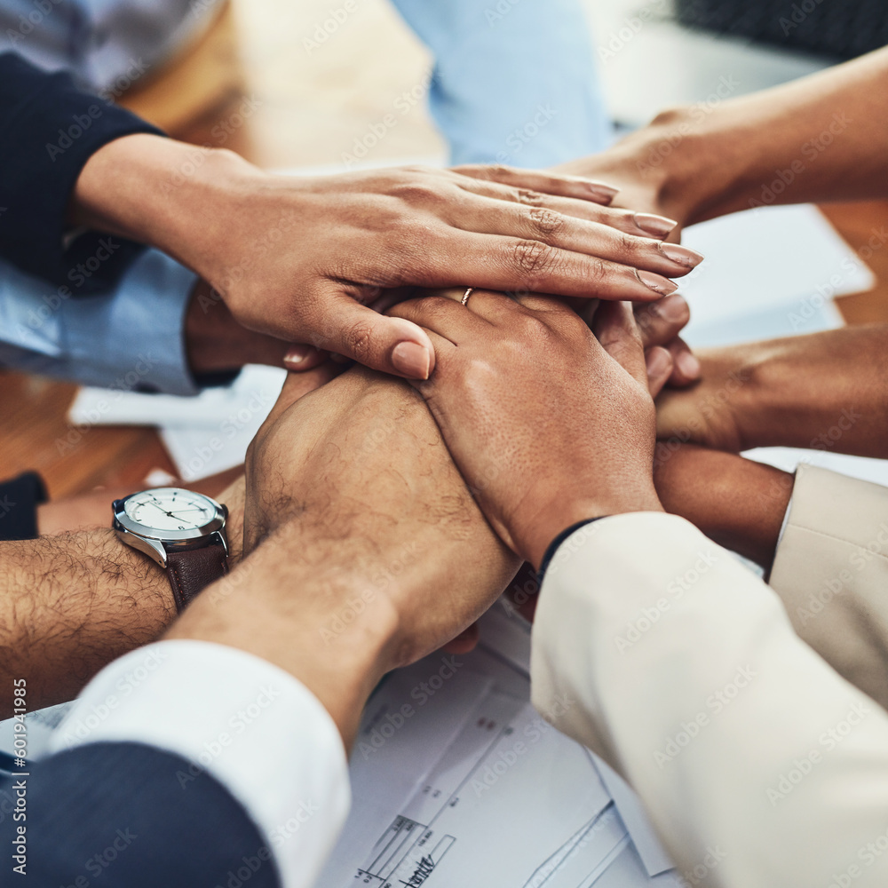 Closeup of hands together, business people in meeting and solidarity, support and team huddle ...