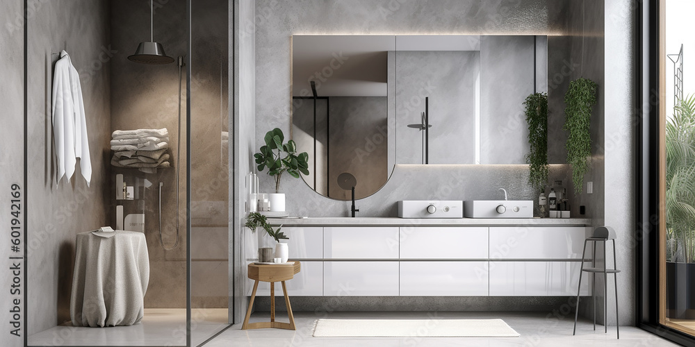 Modern bathroom, polished concrete wall, floor, white marble vanity ...