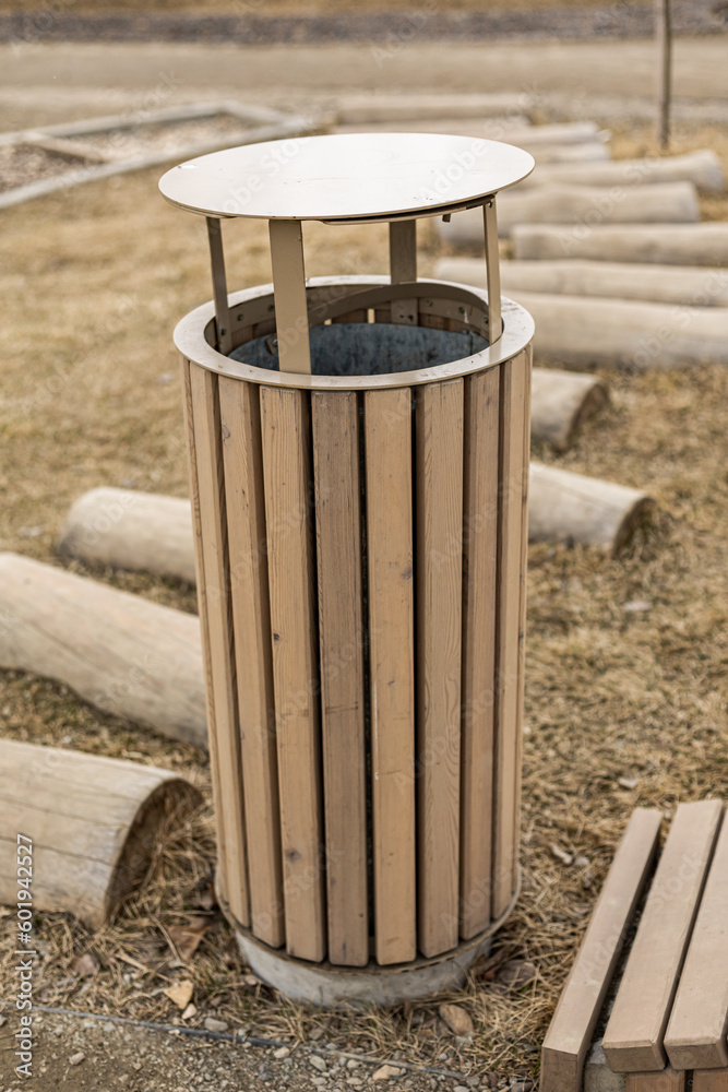 Single rubbish bin, garbage and waste bin made of wooden material in ...
