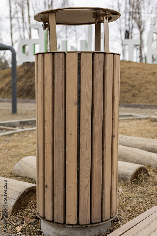 Single rubbish bin, garbage and waste bin made of wooden material in ...