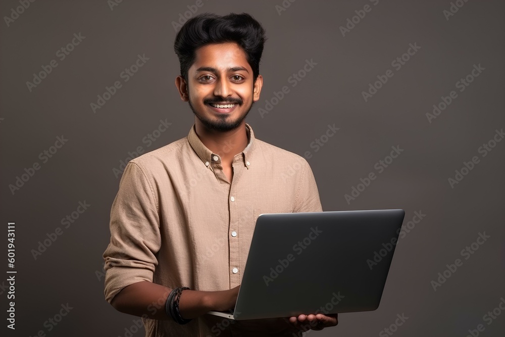 Handsome happy young Indian man holding laptop against a studio ...