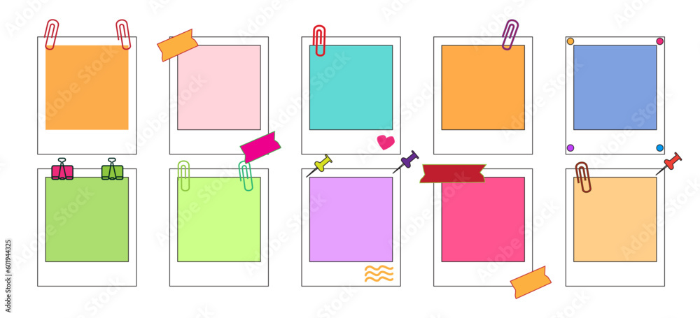 Polaroid photo frame line cartoon set. Notebook collection with paper ...
