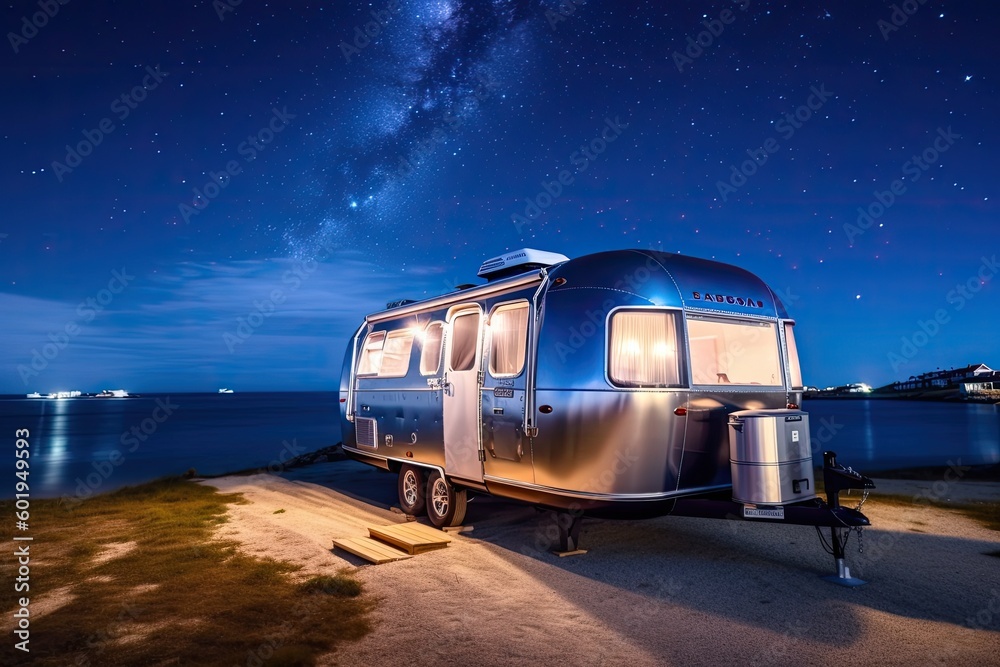Shiny vintage airstream travel trailer parked on the beach created ...