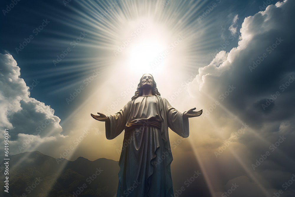 Jesus with raised hands appeared from the clouds and the sky with ...