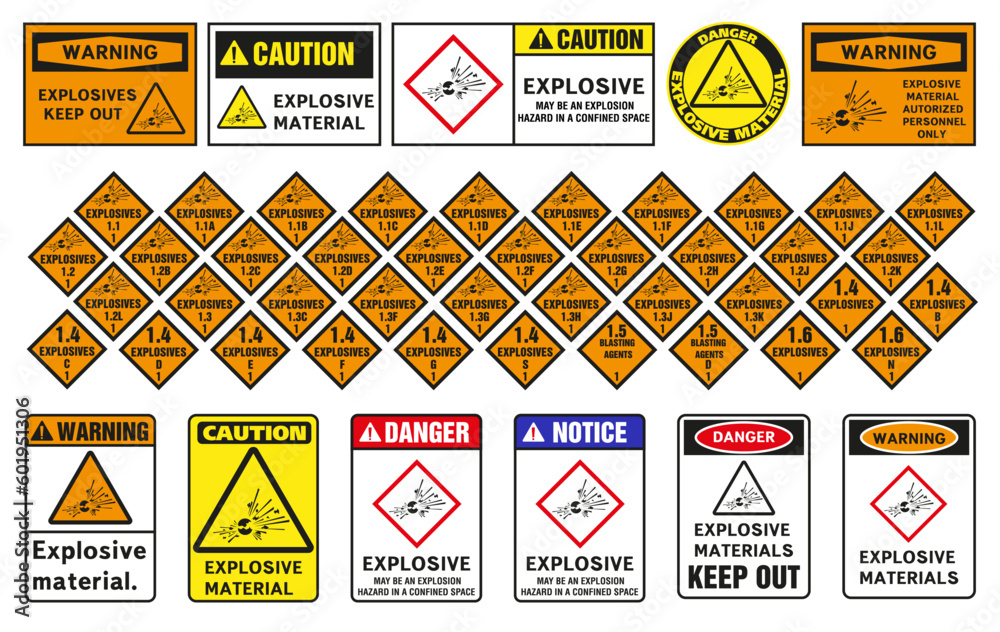 Explosives warning sign, warning symbol. Class 1 warning label. Stock ...