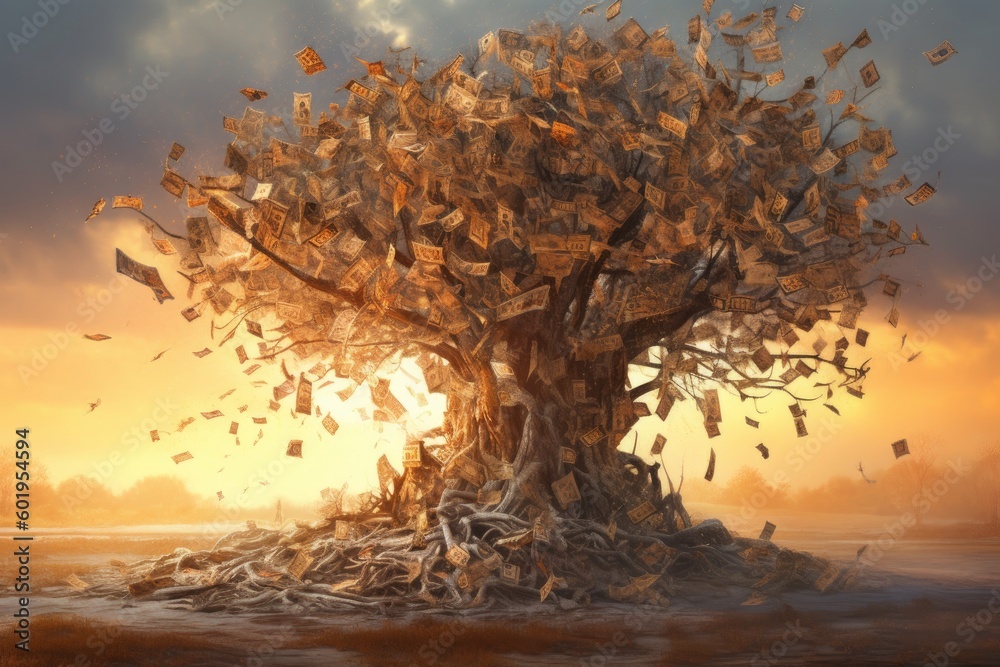 Imaginative depiction of a tall, realistic tree with money growing on ...
