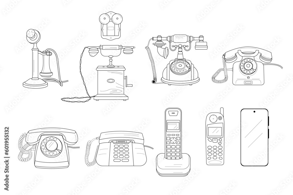 Phones. The evolution of telephones, set. Black and white vector ...