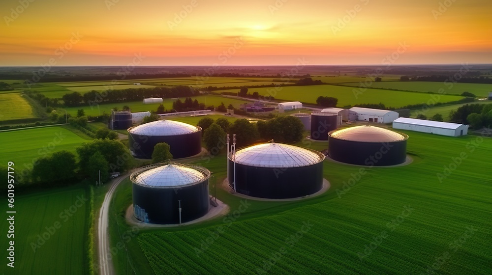 Green biogas plant storage tanks. Aerial view over biogas plant and farm in green fields ...