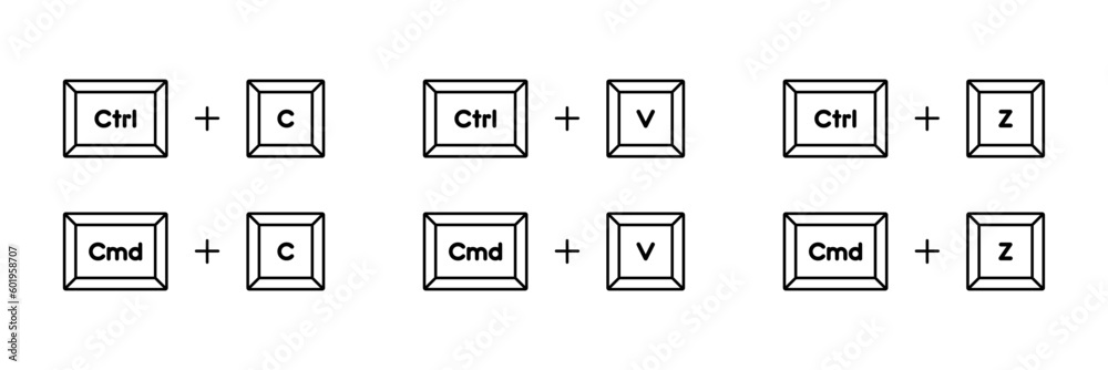 Keyboard buttons for copy, paste, cut, past shortcuts vector icon set ...