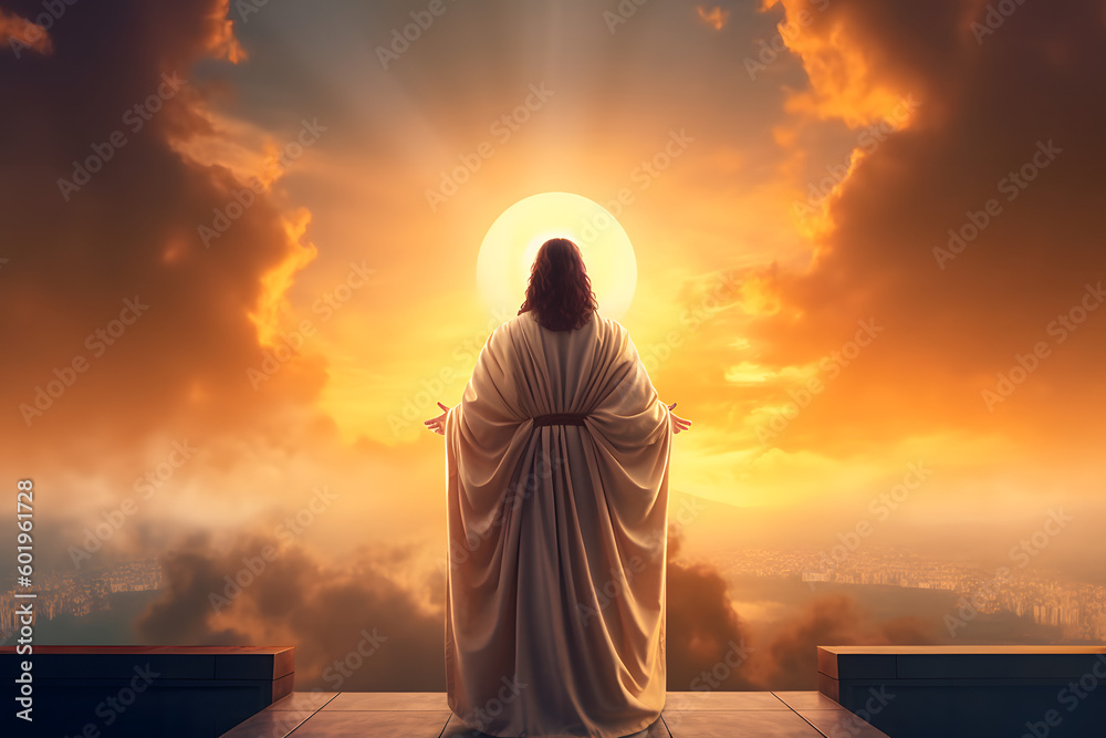 Back view of Jesus Christ looking and praying to god with a sunrise sky ...