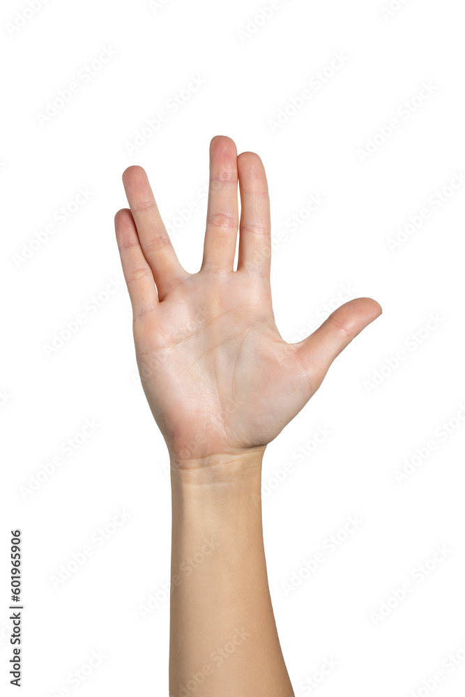 Woman hand shows Spock sign isolated on white background, with clipping ...