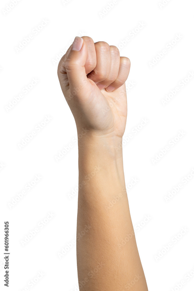 Woman hand shows wrong fist gesture isolated on white background, with ...
