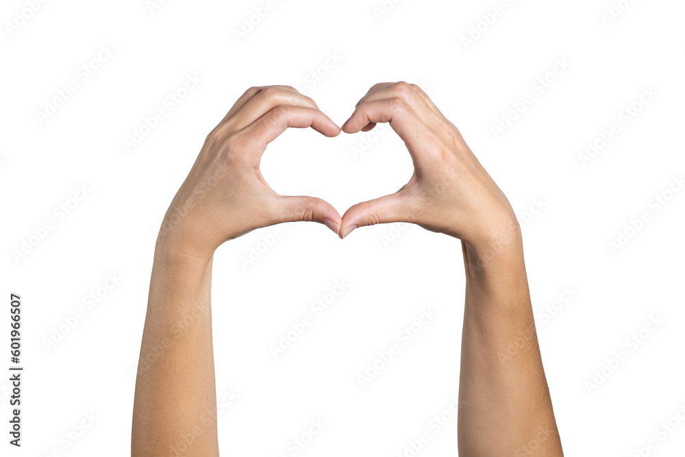 Woman hand shows heart shape isolated on white background, with ...