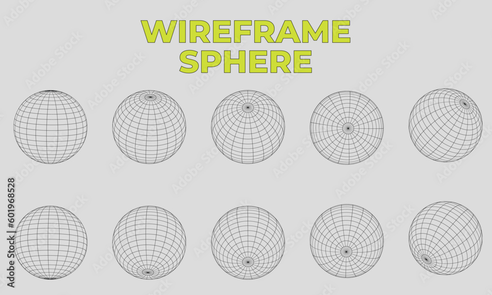 3D Wireframe sphere collection. globe or ball in circle net wire. Retro ...