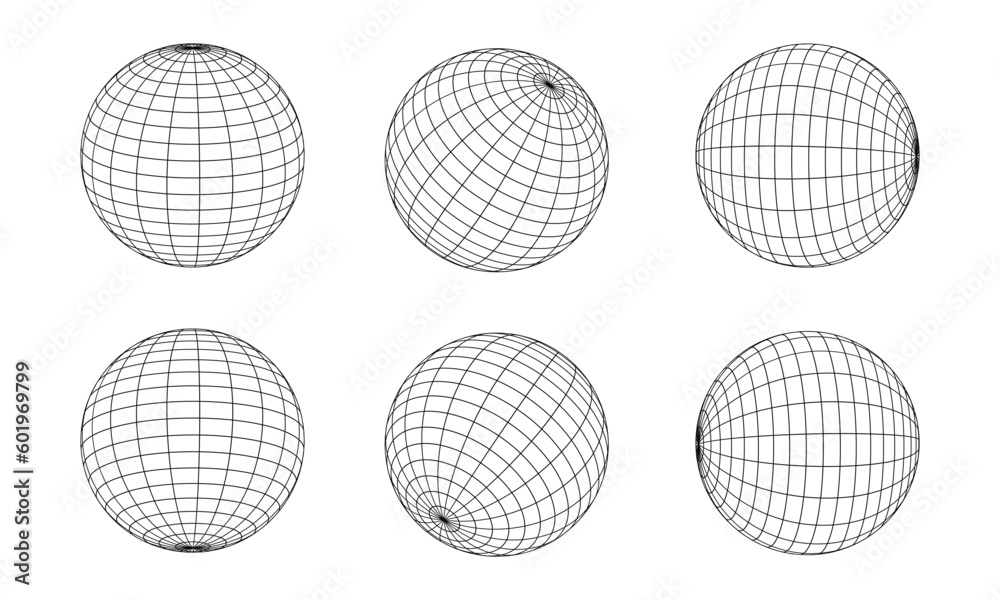 3D Wireframe sphere collection. globe or ball in circle net wire. Retro ...